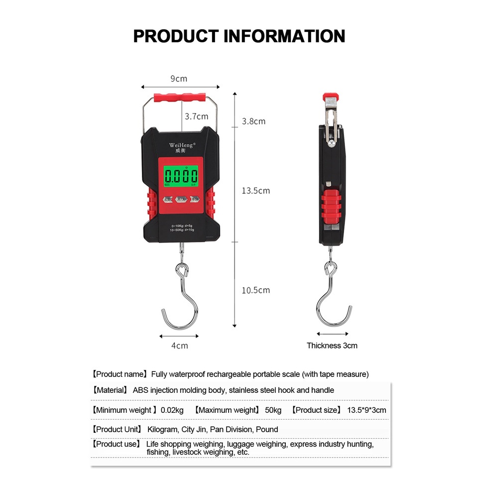 50Kg/5g Full Waterproof Hanging Scale Portable Fish Hook Electronic ...