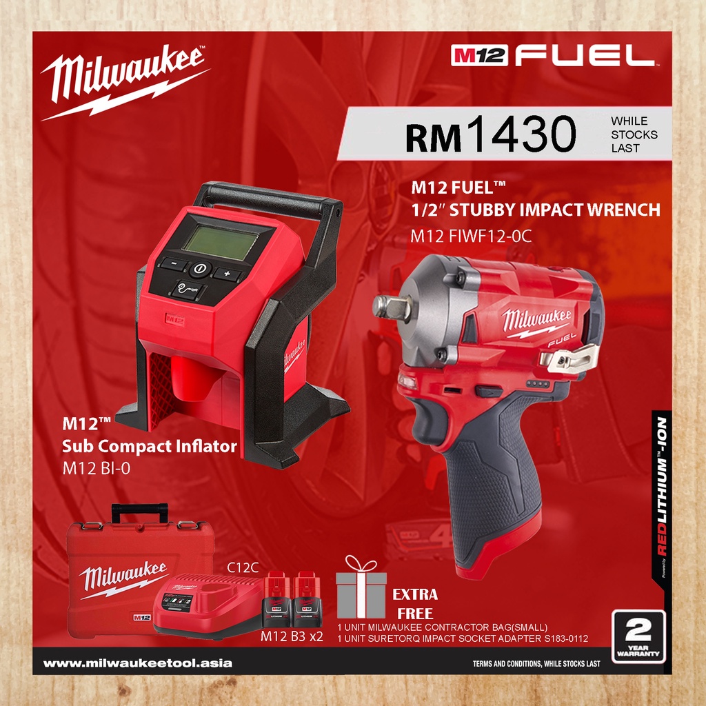 MILWAUKEE M12 FIWF12-302C FUEL STUBBY IMPACT WRENCH + M12 BI-0 SUB ...