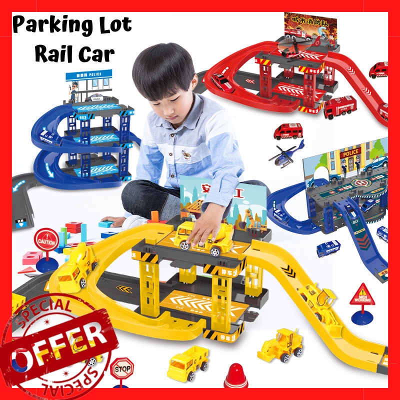 Parking Lot Rail Car Children's Toy Track Set - Diecast Dino Car, Truck ...