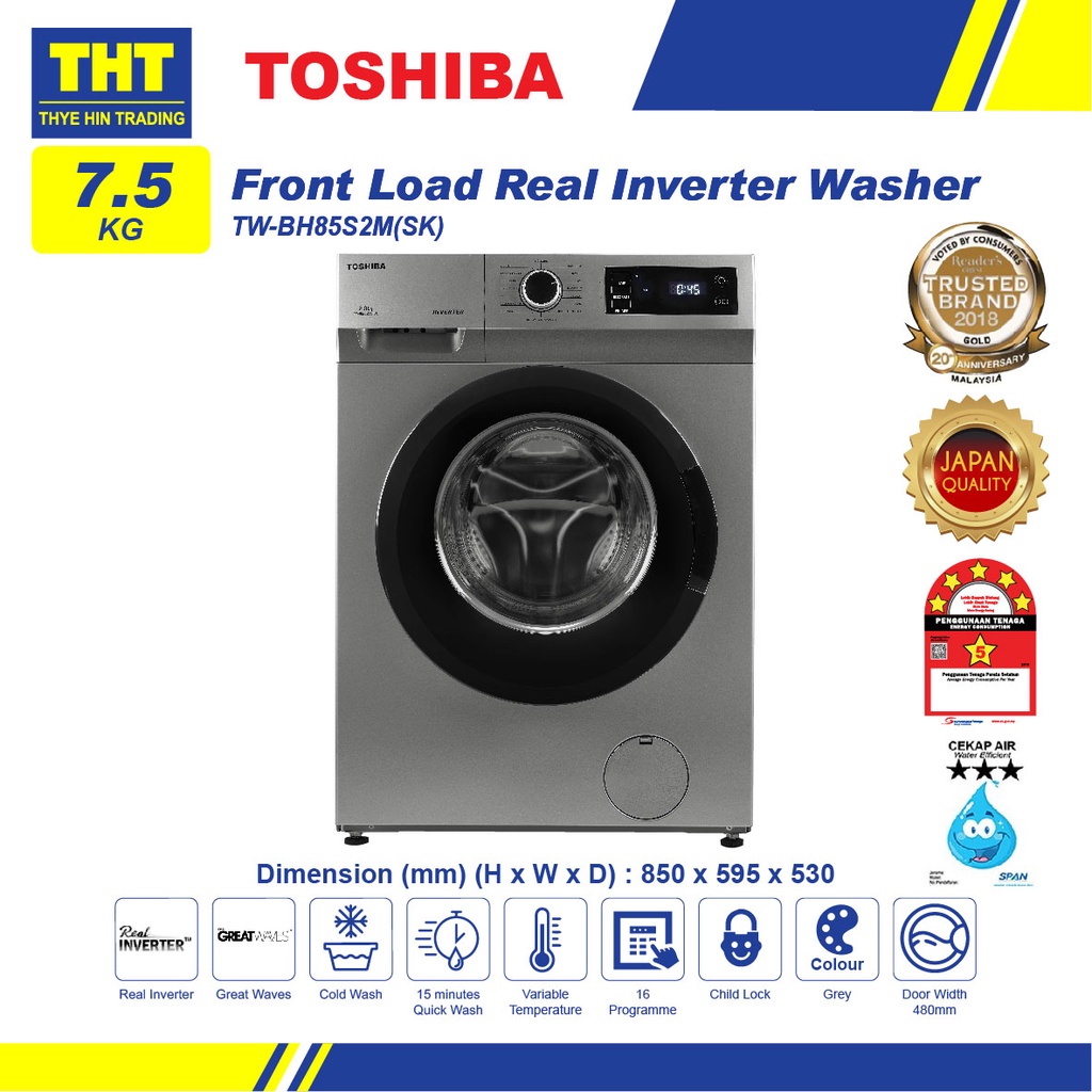Toshiba 7.5KG Inverter Front Load Washer TW-BH85S2M(SK) | Shopee Malaysia