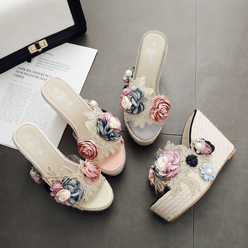 Summer New Flower Pearl Transparent Wedges Heel Slippers Women | Shopee ...