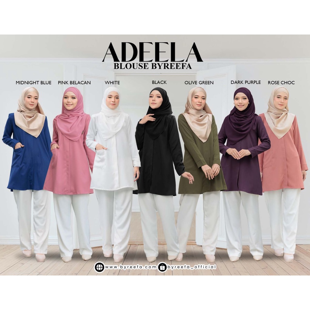 Blouse Adeela ByReefa Collection | Midnight Blue | Pink Belacan | White | Black | Olive Green ...