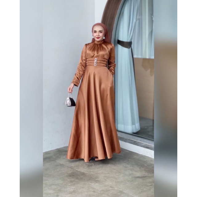 Eileen Dress Satin Matte Maxi Dinner Baju Raya Glamour | Shopee Malaysia