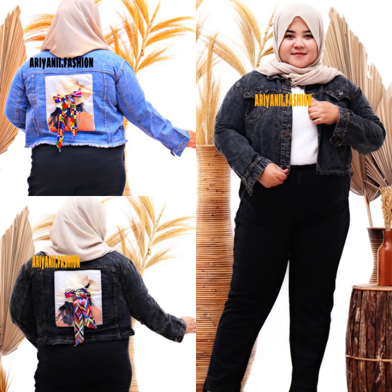 Arn - JACKET Women JEANS CROP JUMBO Ribbon DENIM JACKET OVERSIZE LD 120cm Contemporary Ripped ...