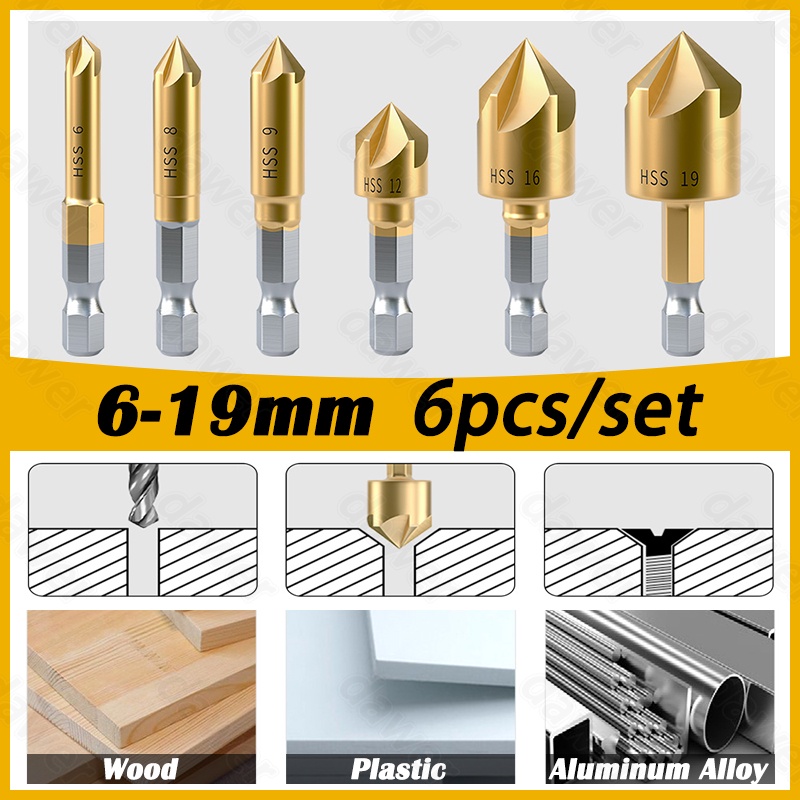 6/3PCS Countersink Drill Bit Set 1/4'' Hex Shank HSS 5 Flute ...