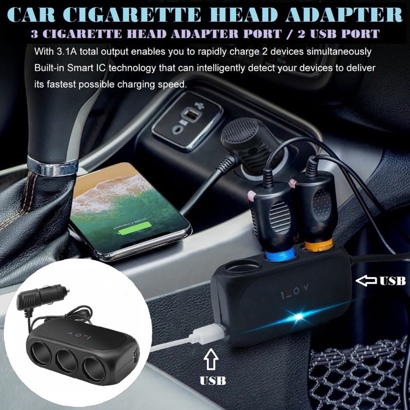 Universal Car 120W DC 12V-24V 5IN1 (2 USB port + 3 Cigarette Socket ...