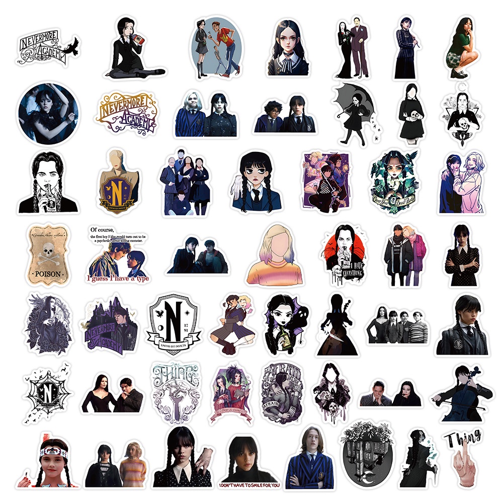 50 PCS Wednesday Addams Jenna Ortega Movie Stickers Catoon Waterproof ...