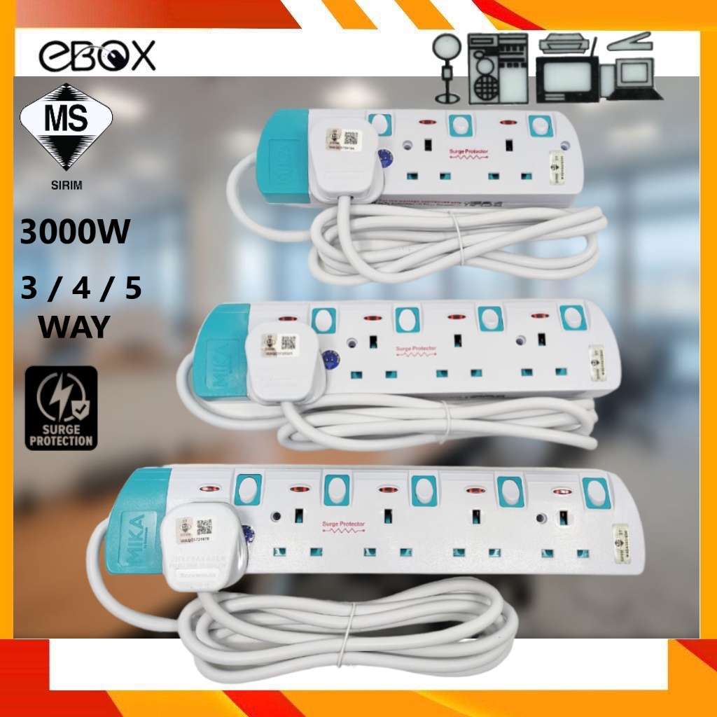 3/4/5 Way Extension Wire Trailing Socket w Neon Light (2 Meter Cable ...