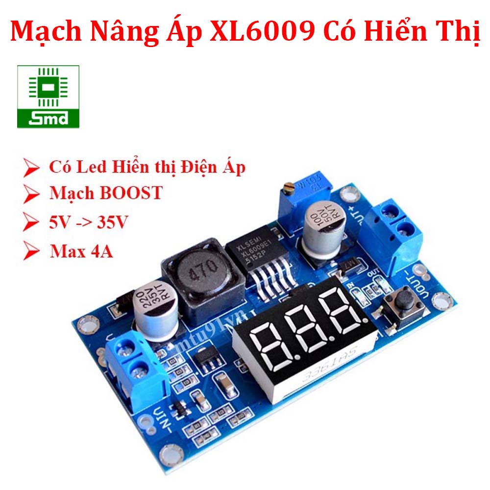 Dc-dc XL6009 booster circuit has 7-segment led display, displays input ...