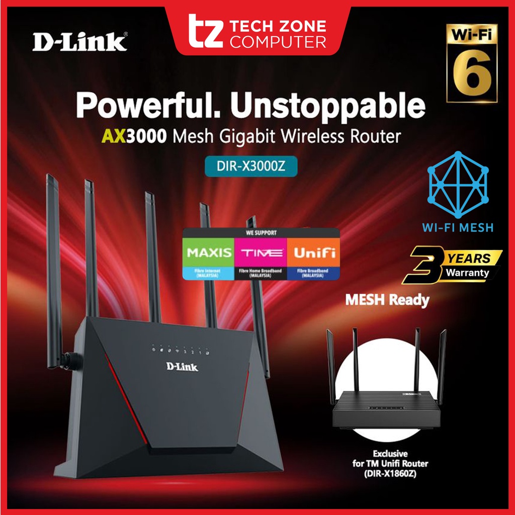 D-Link DIR-X3000Z For [TM UniFi MESH] DIR-X3060Z & DIR-X1860Z AX3000 Mesh Wireless WiFi 6 Router ...