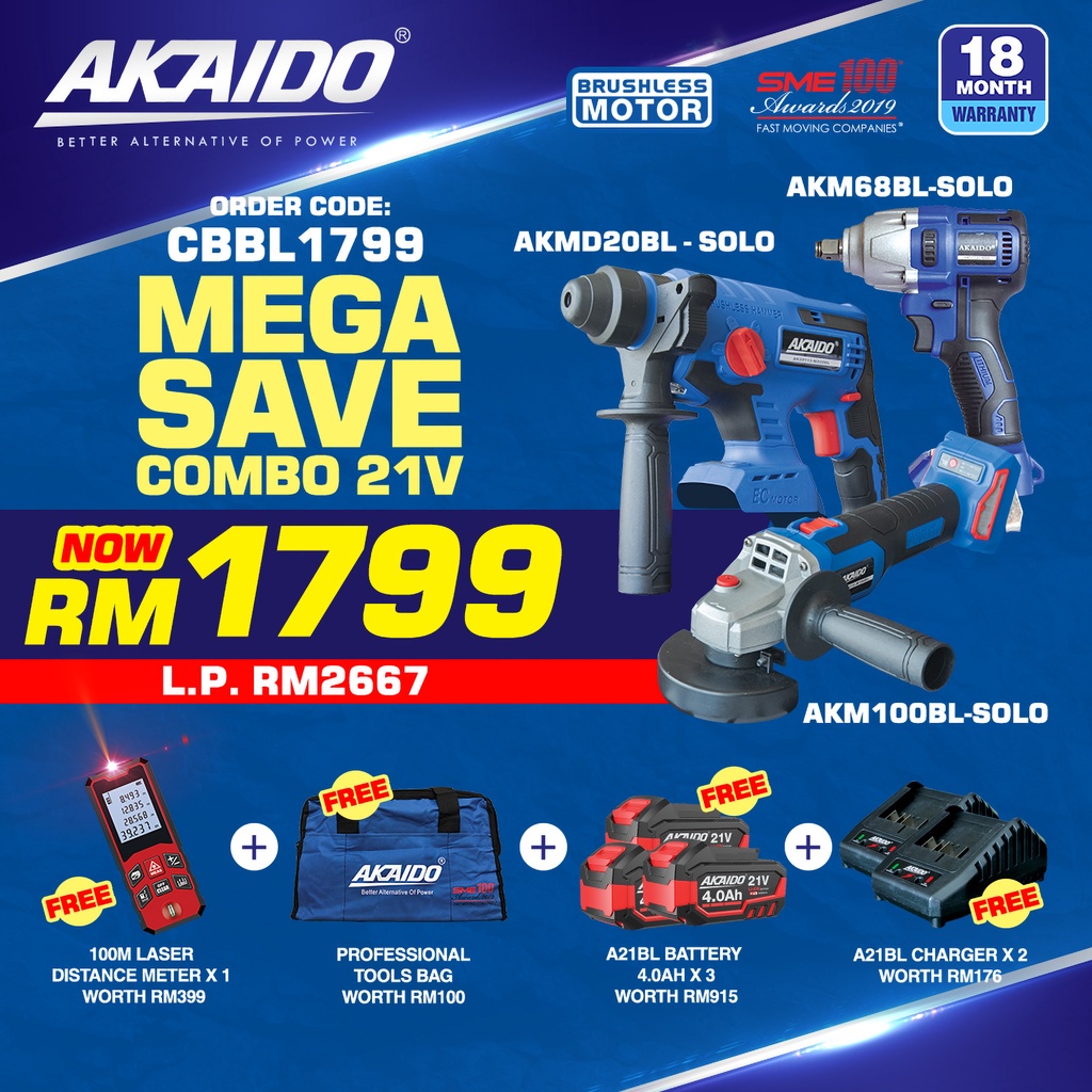 Akaido [Save Combo 21V] Brushless Cordless Impact Wrench + Rotary Hammer + Angle Grinder ...