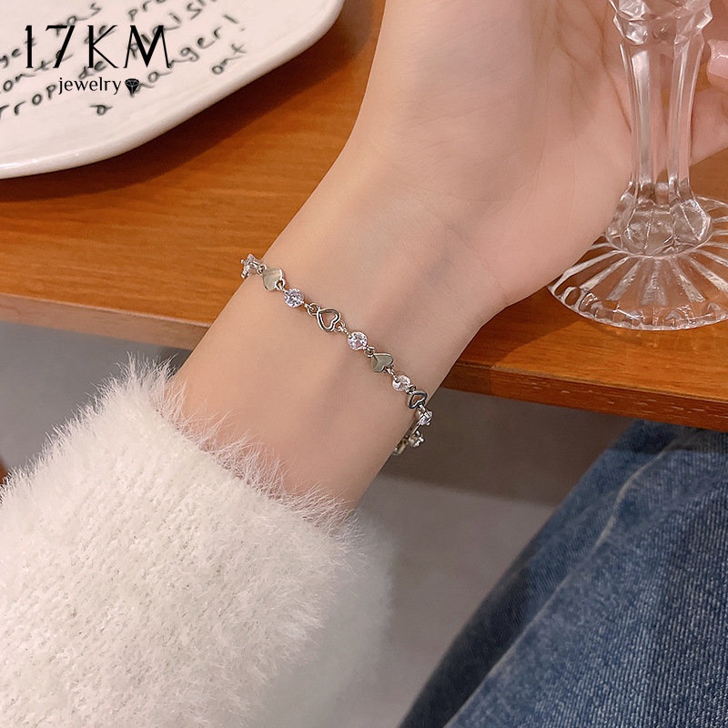 17KM Simple Silver Bracelets Heart Zircon Bracelet for Best Friend ...