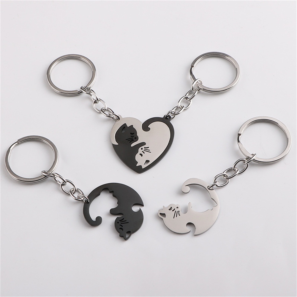 2pcs Cute Black Cat Keychain Patchwork Heart Round Couple Lovers ...