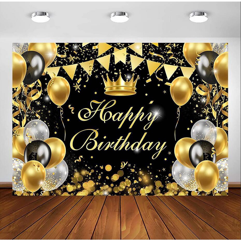 Black and Gold Happy Birthday Backdrop for Boy Men Prince Royal Black Gold Party Decorations ...