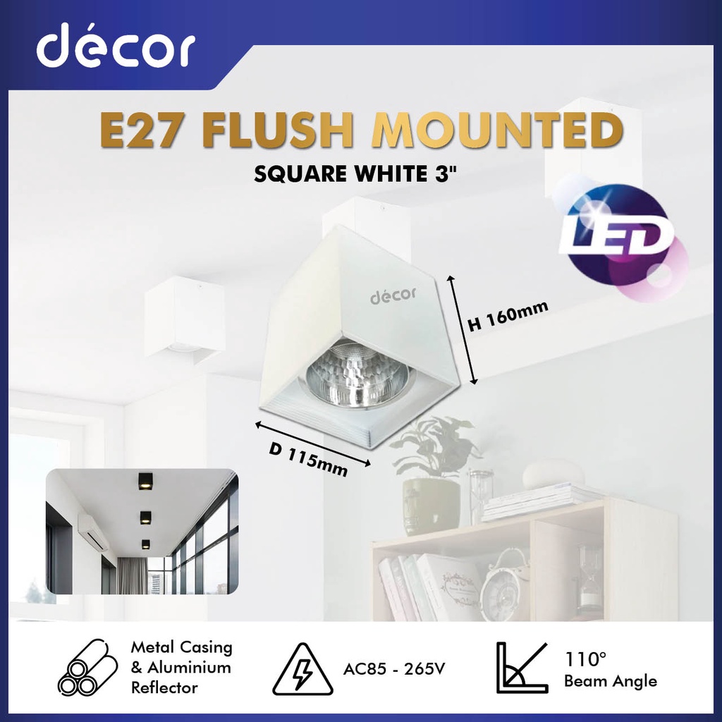 E27 Flush Surface Mounted Downlight Round 4'' 6'' 8'' Square 3" 5" 7" E27 Holder Ceiling ...