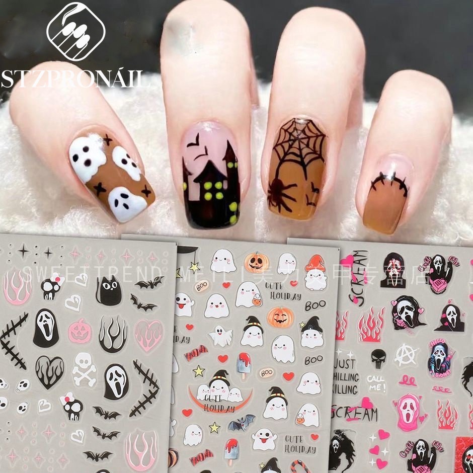 Halloween Funny Skeleton Ghost Pumpkin Light Nail Sticker 3D Cute ...