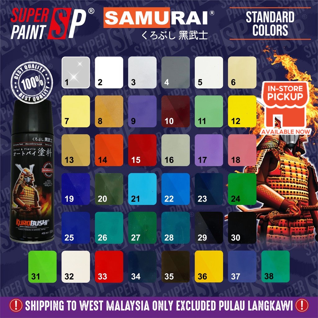 Samurai STANDARD COLOURS Spray Paint 38 Colour 400mℓ Aerosol Cat Spray Tin Cat Motor Cat Kereta ...