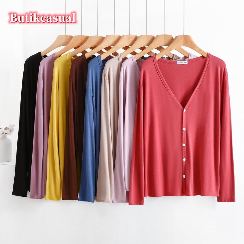 Women Plain Cardigans modal summer leisure Stretch long-sleeved shirt ...
