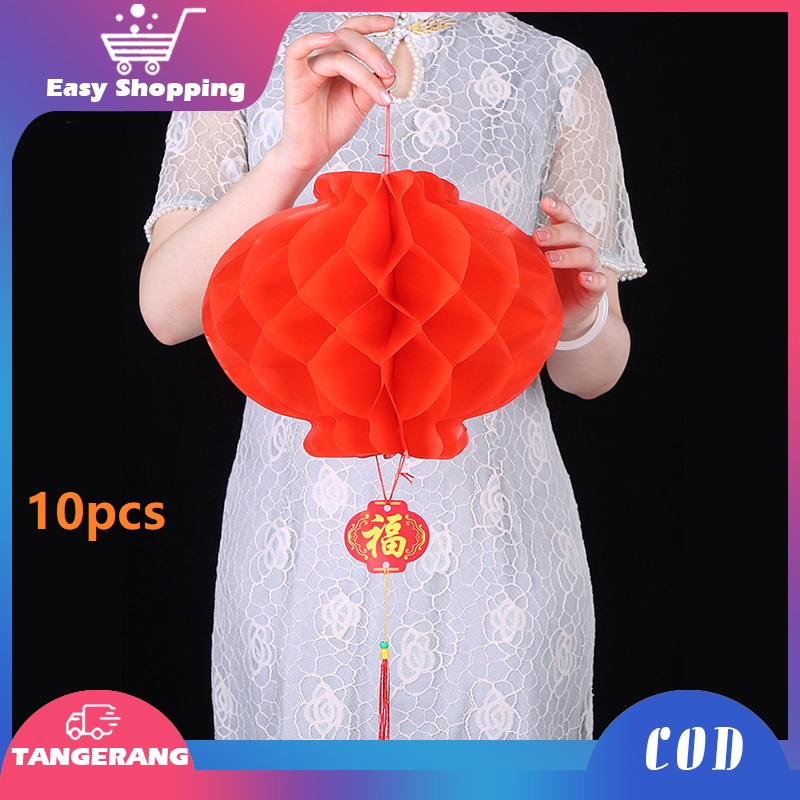MERAH 10pcs Hanging Paper Lanterns Red Color Chinese New Year Paper ...