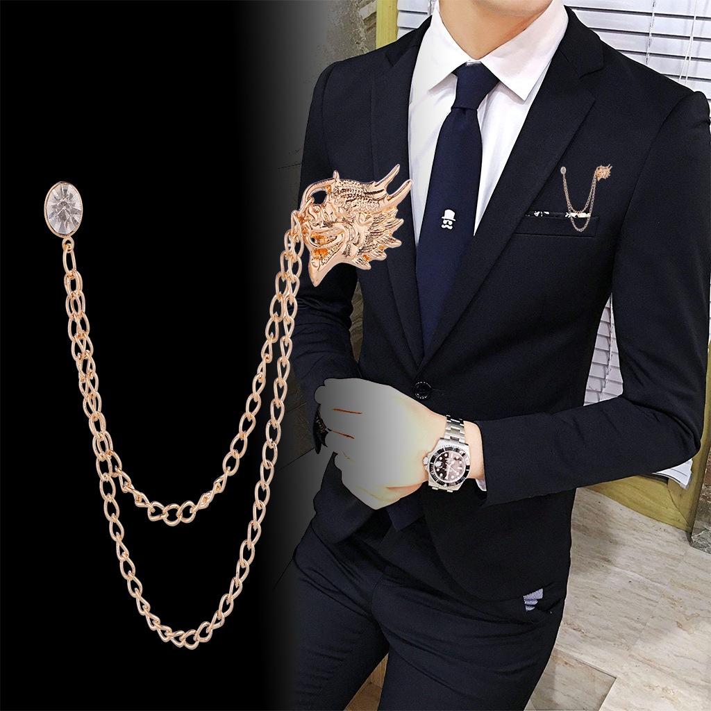 Men Simple Jewelry Gold Dragon Head Chain Tassel Coat Suit Corsage ...