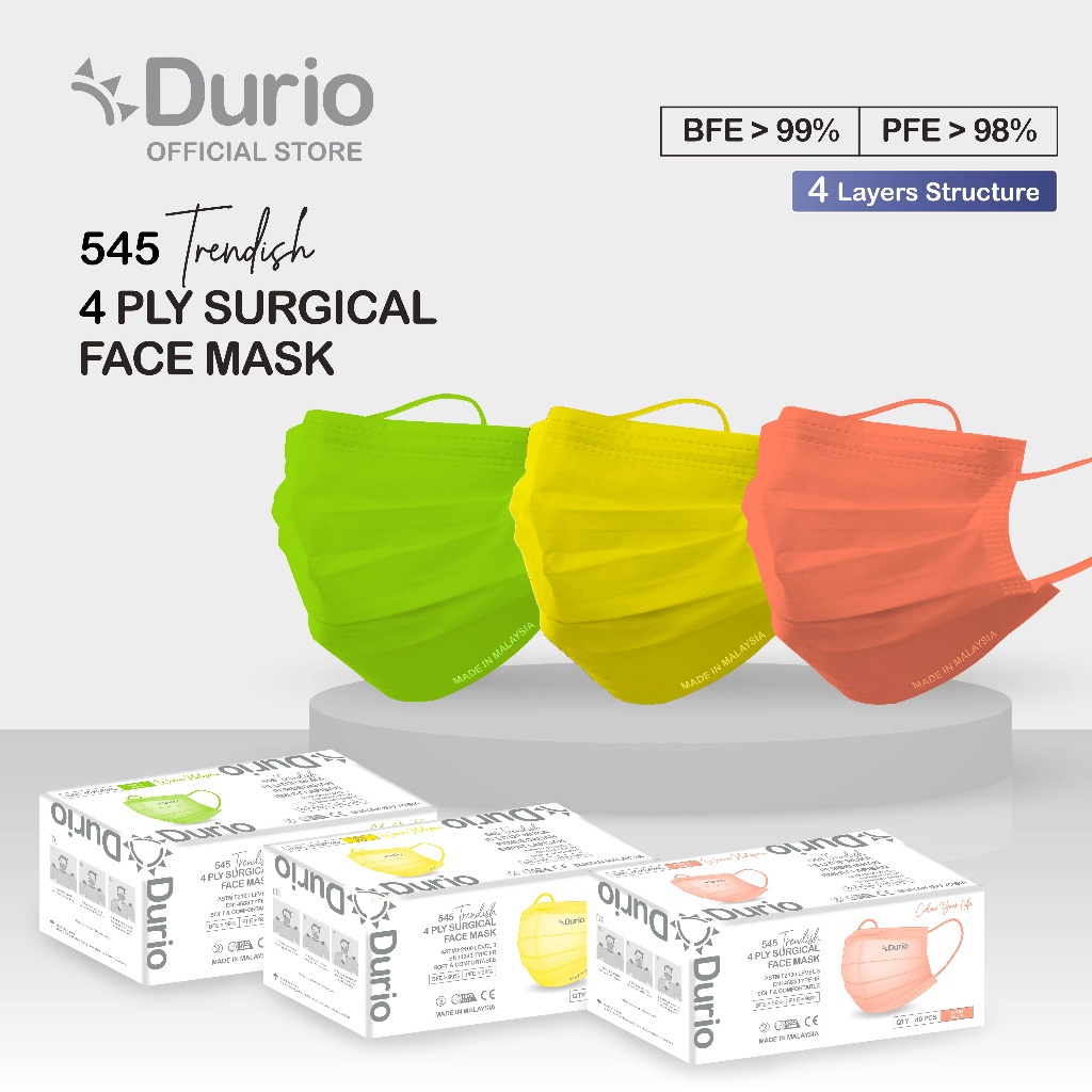 [BUNDLE OF 3 BOXES] Durio 545 Trendish Neon 4 Ply Surgical Face Mask ...