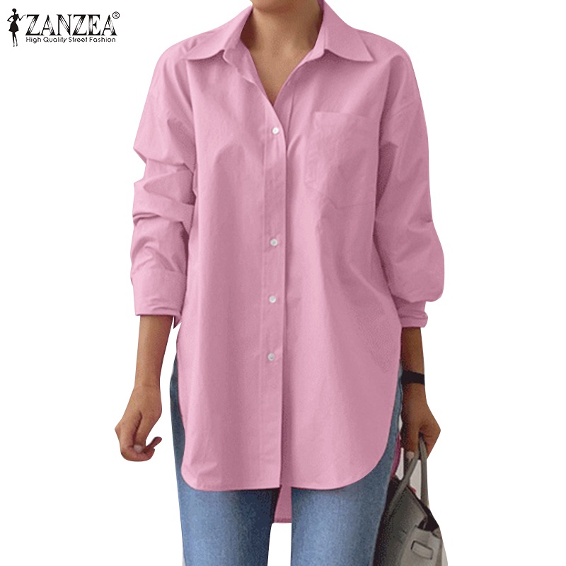 Zanzea Women Fashion Elegant Solid Turn Down Collar Long Sleeve Button Up Loose Blouses Shopee
