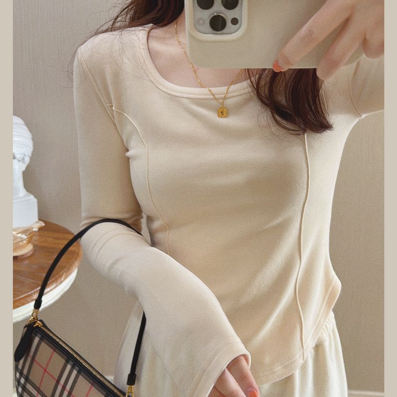 Square-neck Versatile Underlay Women's Design Long Sleeve Shoulder T ...