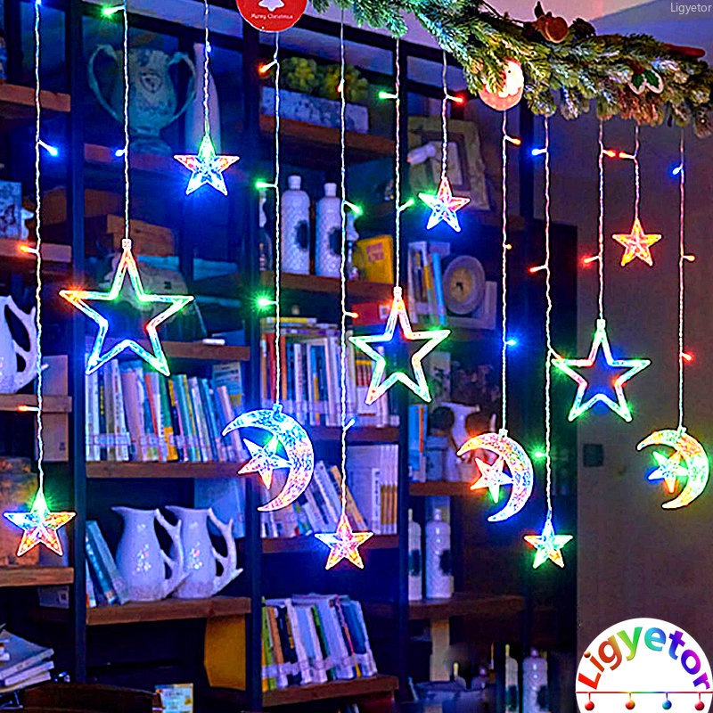 Ligyetor Raya LED Star Moon Curtain String Lights Decorations for Eid ...