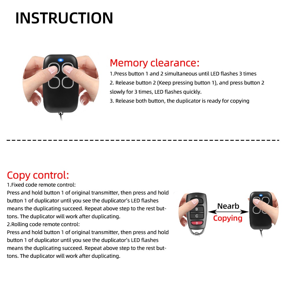 433Mhz Auto Copy Wireless Remote Control Smart Copy Duplicator Fixed Rolling Code Cloning 433.92 ...