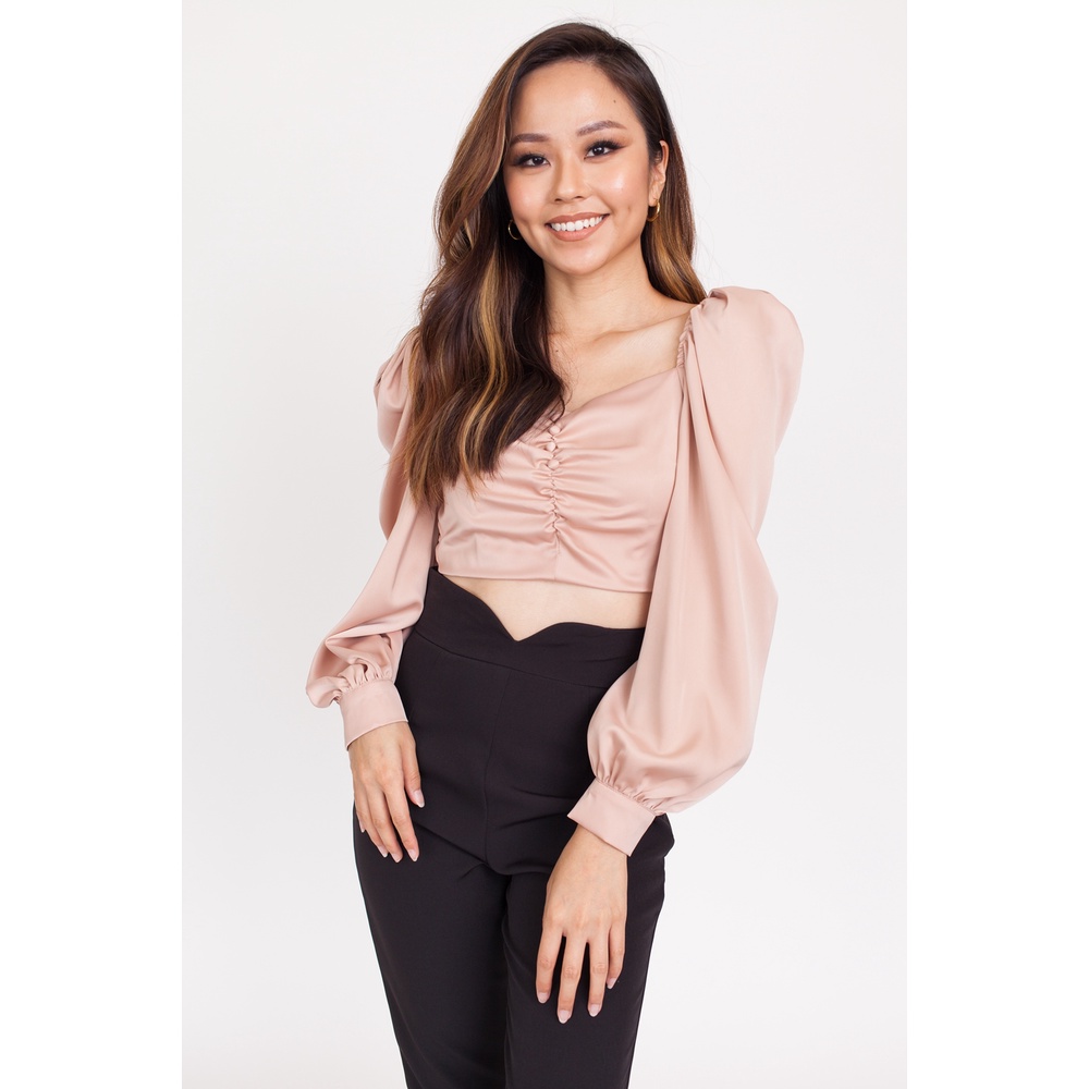 Ruched Satin Puff Sleeve Blouse | Shopee Malaysia