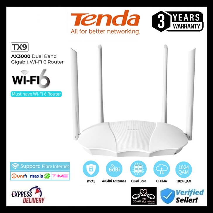 TENDA TX9 AX3000 DUAL BAND GIGABIT DUAL-CORE WI-FI 6 WIRELESS ROUTER ...