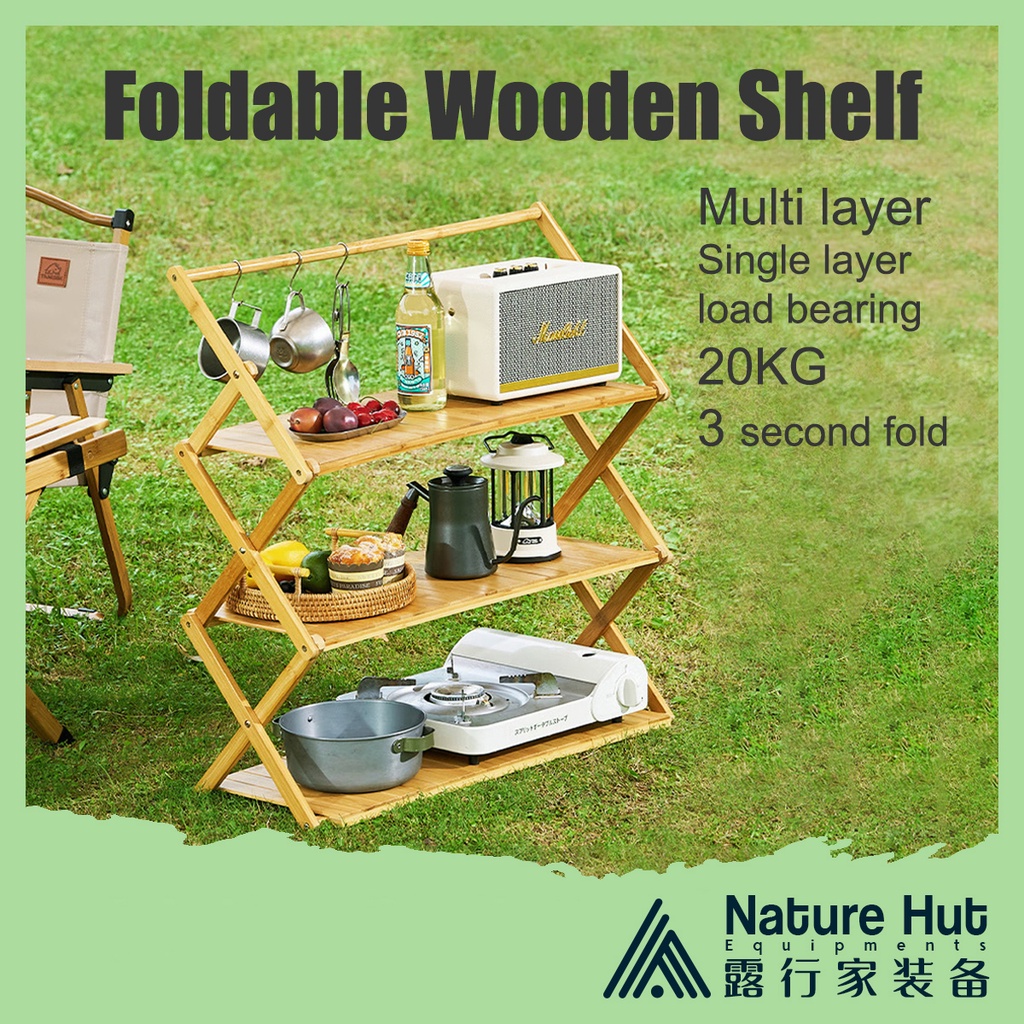 Foldable Wooden Shelf Outdoor Camping Portable Rack Folding Storage ...
