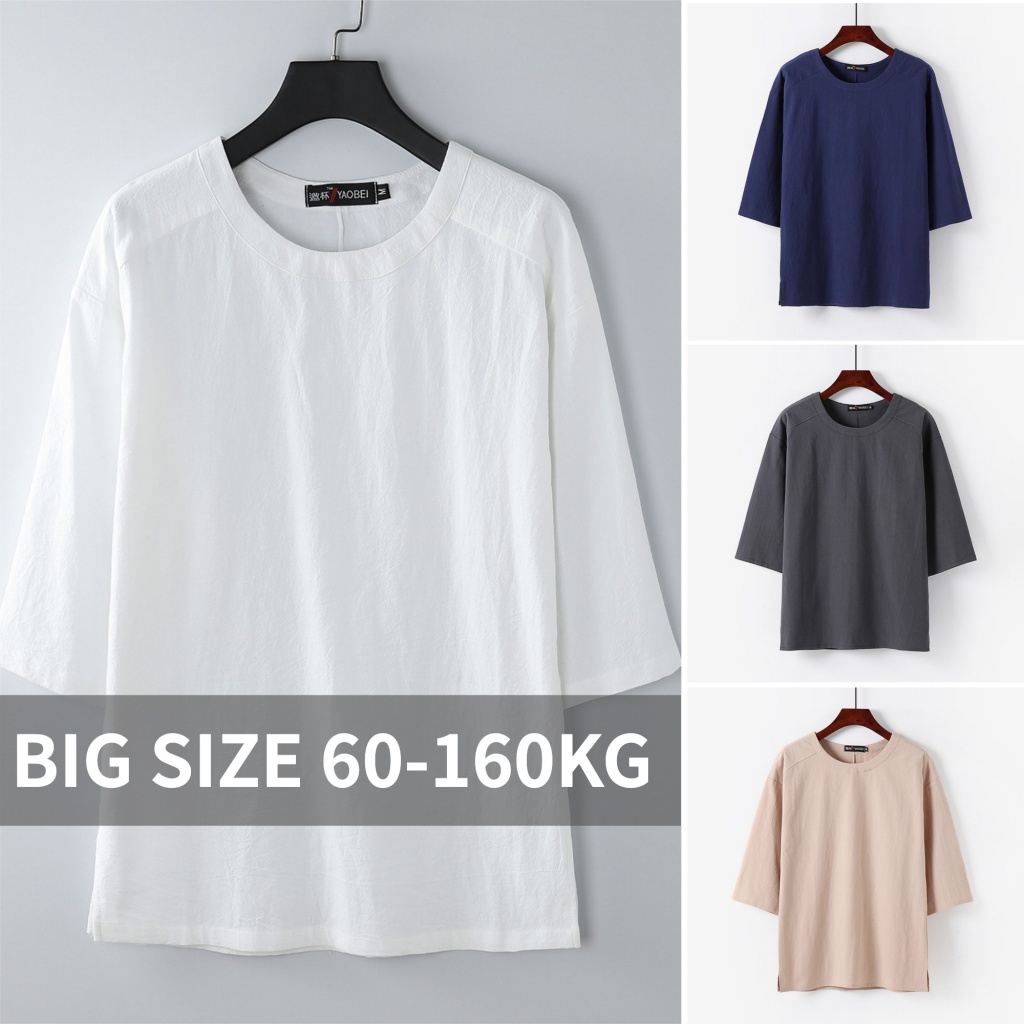 Oversize Men Cotton Linen Chinese Plus Size Seven Sleeves Vintage Black ...