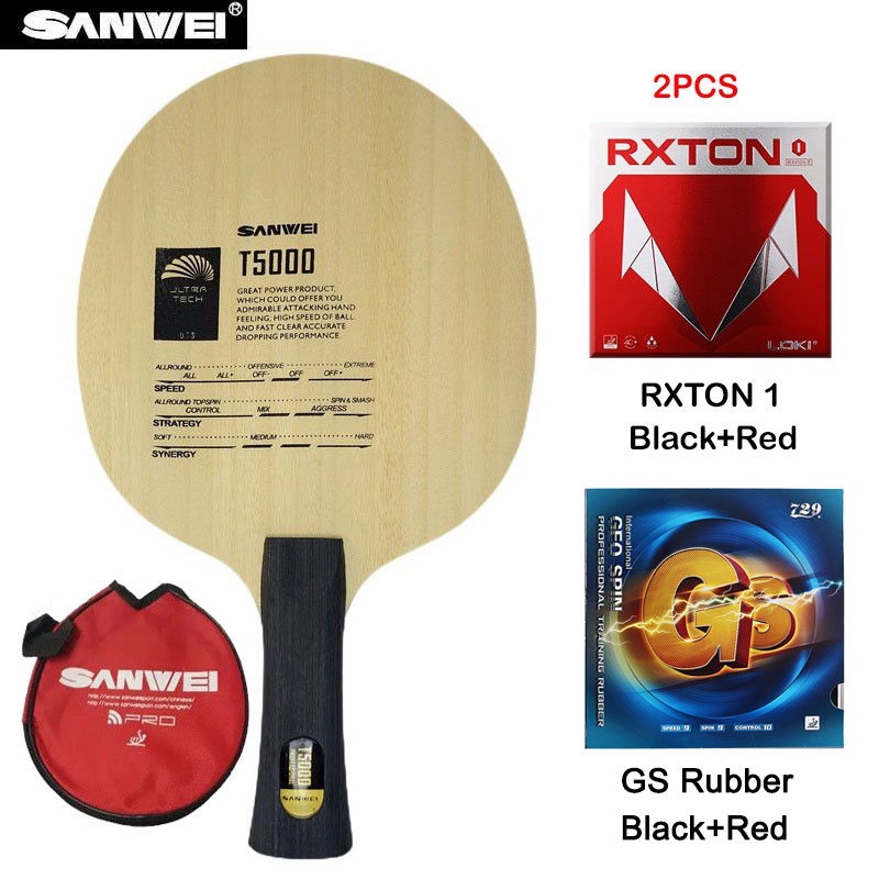 Genuine SANWEI T5000 CARBON Table Tennis Racket Blade (5+2 Carbon)+Loki RXTON 1 Rubber(Black+Red ...