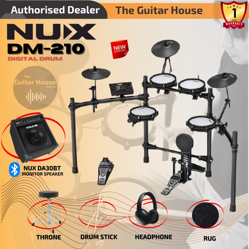 NUX DM-210 5-Piece Digital Drum with Full Mesh Head and DA-30BT Monitor ...
