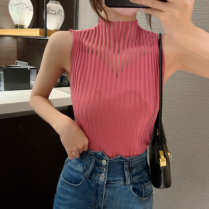 Half High Neck Singlets See-through Clothes Women Slim Transparent Mesh ...