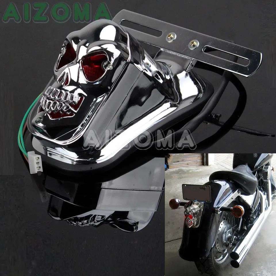 Chrome Tombstone Skull Taillight w/ License Plate Holder For Harley ...