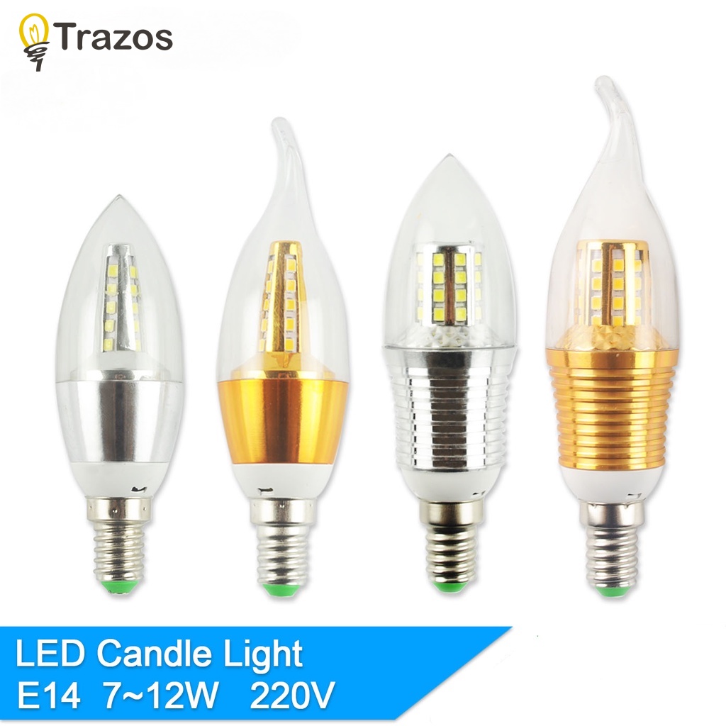 Trazos LED E14 Bulb 220V 7W 9W 12W Golden Silver Aluminum Candle Lamp Light For Crystal ...