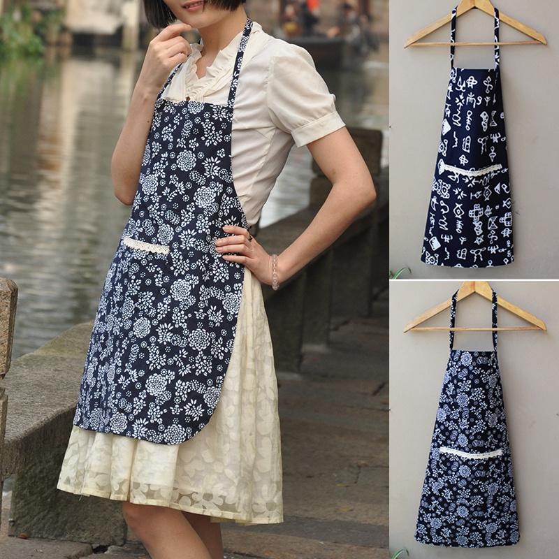 Apron kain bercetak biru gaya etnik kapas tulen dapur rumah ladang ...