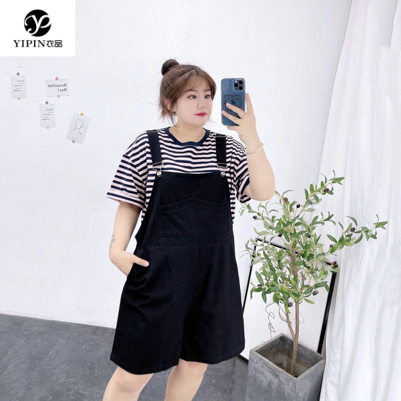 【40-150kg M-5XL】 big size fat oversize suit girls 2022夏季大码女装200斤300显瘦条纹T恤遮肚背带短裤两件套装 | Shopee ...