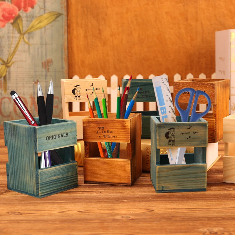 American retro kayu pemegang pen kayu kreatif gaya mewah desktop kayu ...
