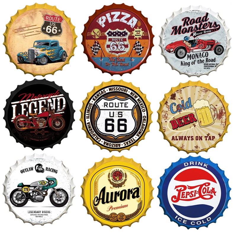 Vintage Route 66 Car Motor Tin Sign Wine Beer Cap Signs Bar Garage ...