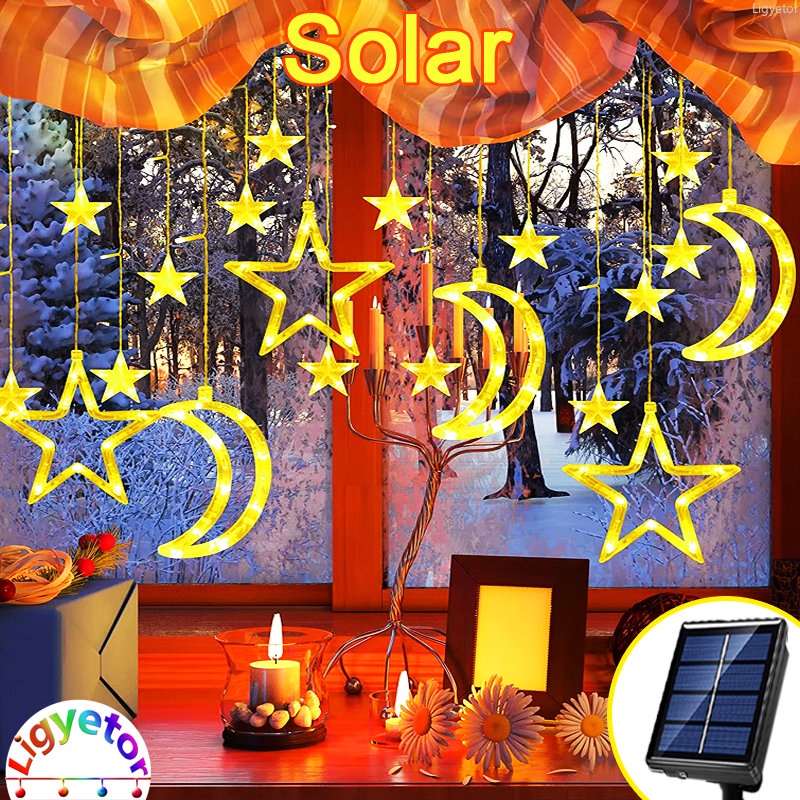Ligyetor Lampu Raya Solar Curtain Lights Star Moon String Light 8 Modes ...