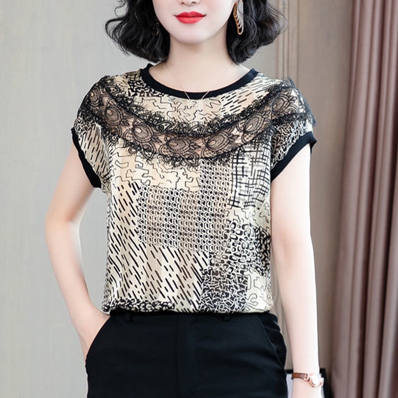 Blouses Printed Chiffon Top Women's Loose Small Shirt Short Sleeve ...