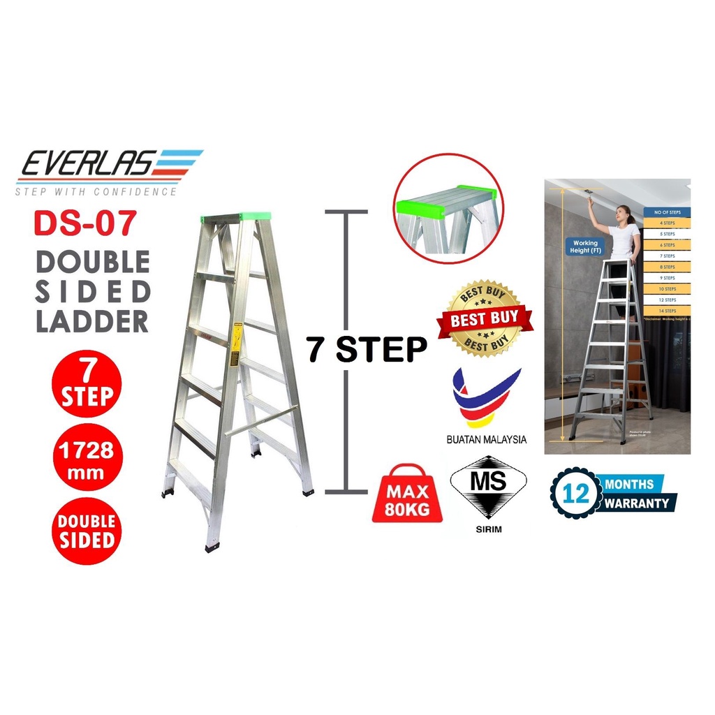 Everlas 7-Step (1.728m) Aluminium Double-Sided Step Ladder | Shopee Malaysia