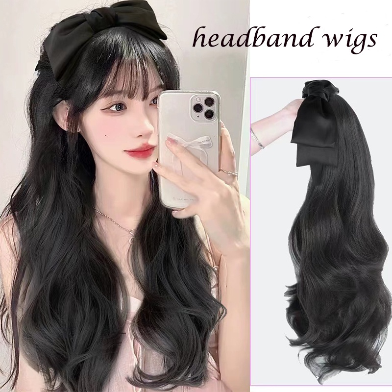 Bow Detachable Headband Wig Big Wavy Curls Long Straight Hair Matte ...