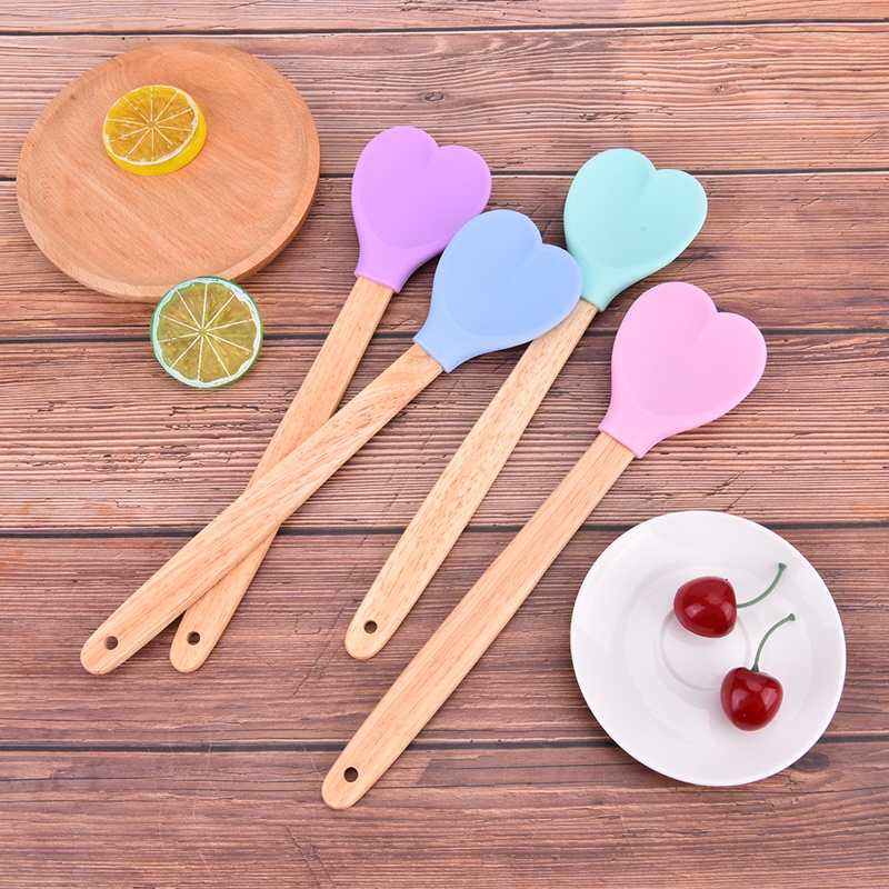 Silicone Heart Shape Pastry Spatulas With Wooden handle Cookie Spoon ...