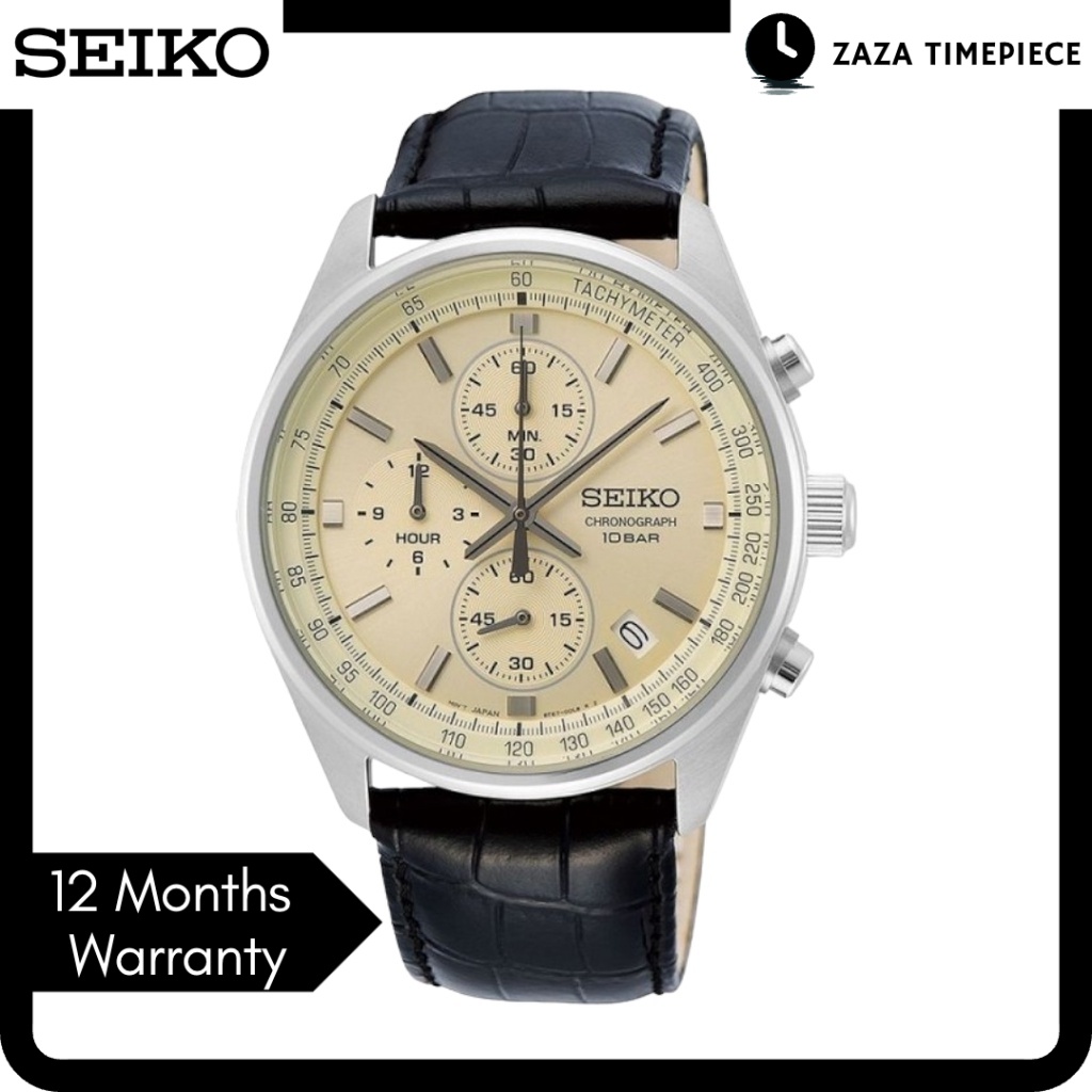 Seiko Chronograph Quartz SSB383P1 SSB383 Cream Dial Black Leather Strap ...