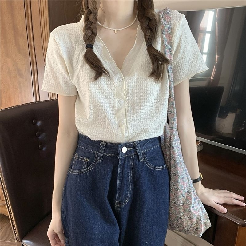 Korean Summer Blouse Sweet Style Female Student Blouse Short Sleeve ...