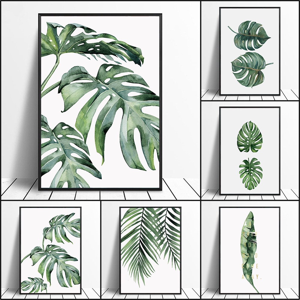 Nordic Wall Art Home hiasan hijau Monstera Deliciosa daun kanvas ...